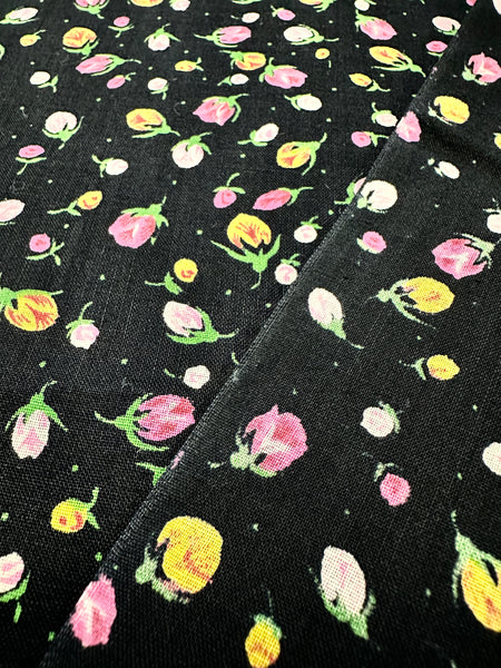 Vintage Fabric 1980s? Black Base w/ Small Bright Flowers Cotton 88cm W ...