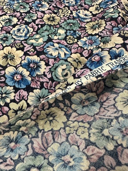 Vintage Fabric 1980s Muted Floral on Navy Soft Cotton Blend 112cm Wide ...