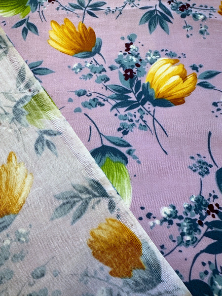 Vintage Fabric 1980s Crispy Polished Cotton Mauve Base w/ Bright Flora ...