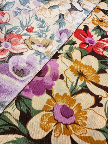Vintage Fabric 1980s? Soft Drape Rayon w/ Bright Floral on Pale Brown ...