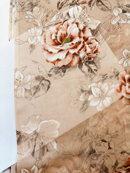 Vintage Fabric 1980s Cotton Voile Pale Coffee w/ Drawn Roses Lilies 11 ...
